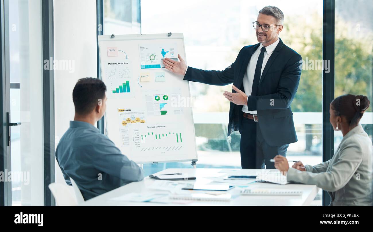 Leadership, unity and innovation by a business man doing a presentation ...