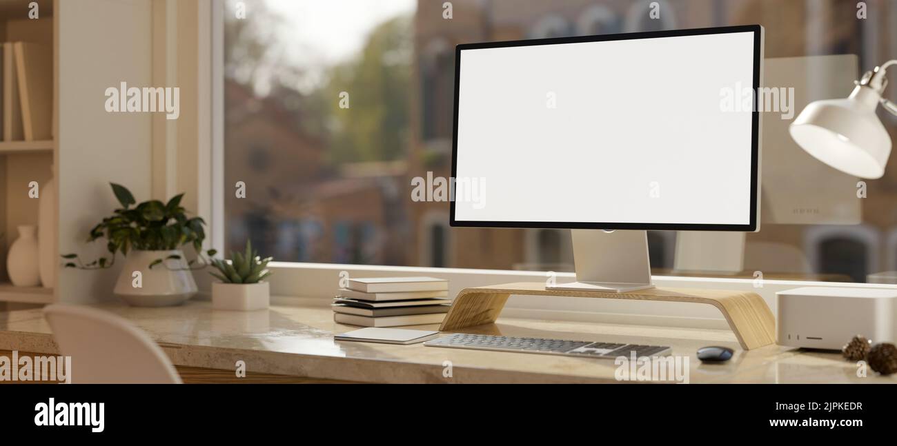 Minimal comfortable working space with modern blank PC desktop computer ...