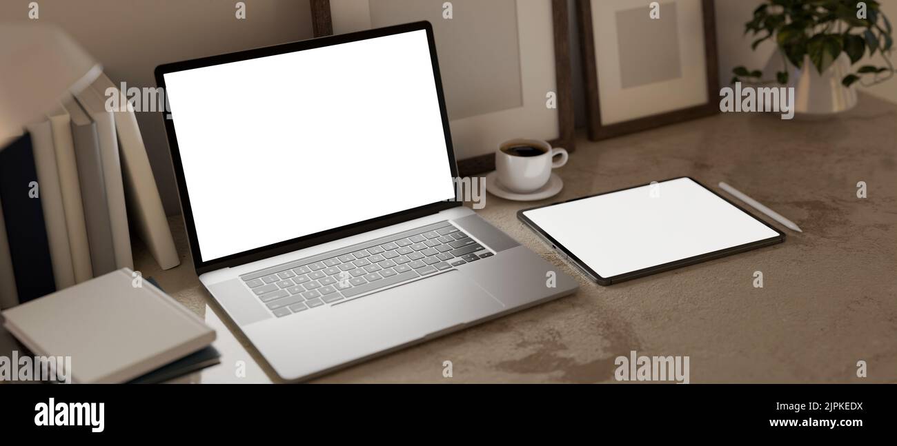 Close-up image, Modern loft office desk workspace with laptop computer ...