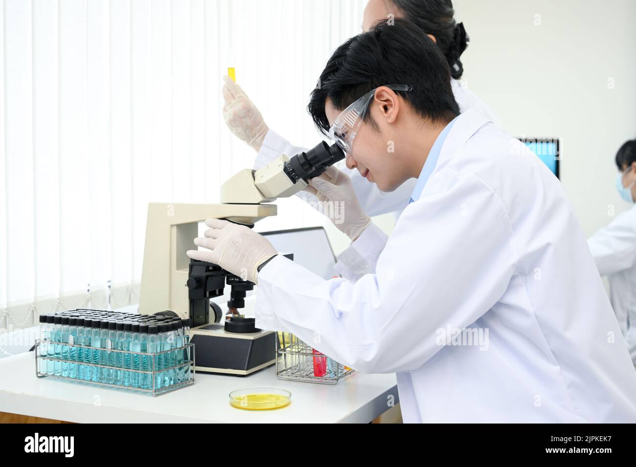 An expert Asian male scientist or medical chemist examining a virus ...