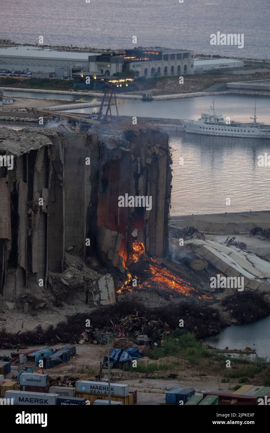 A large fire blaze continues in the grain silos that were heavily ...