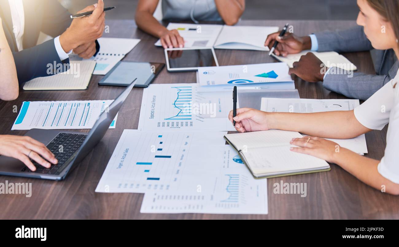 Sales, budget and finance business people, manager or accountants in meeting planning, analyzing ...