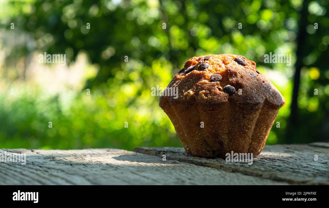 sweet chocolate muffin on wooden table on the garden Stock Photo - Alamy