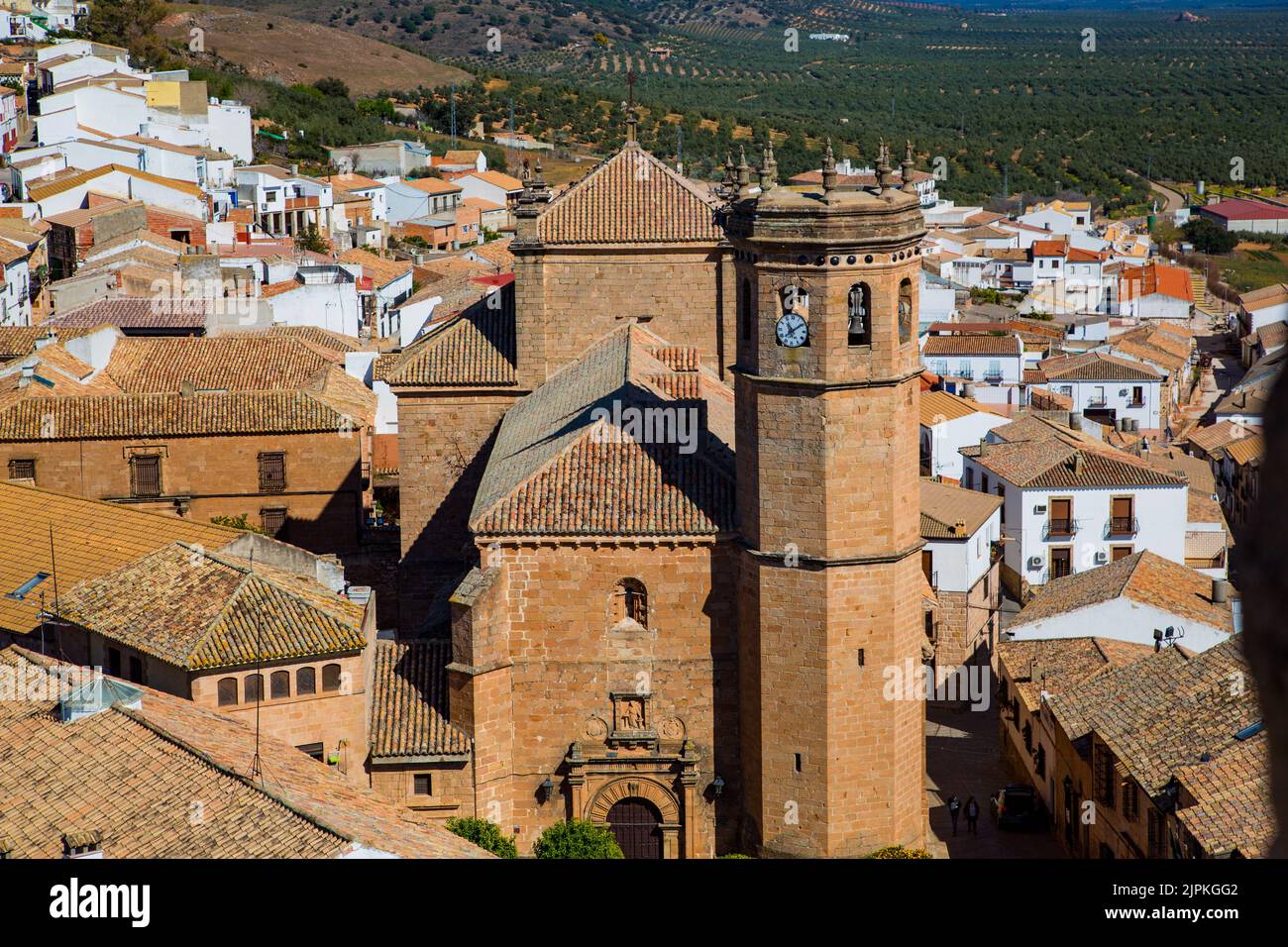 Romanesque beige stone church with large bell tower Stock Photo - Alamy