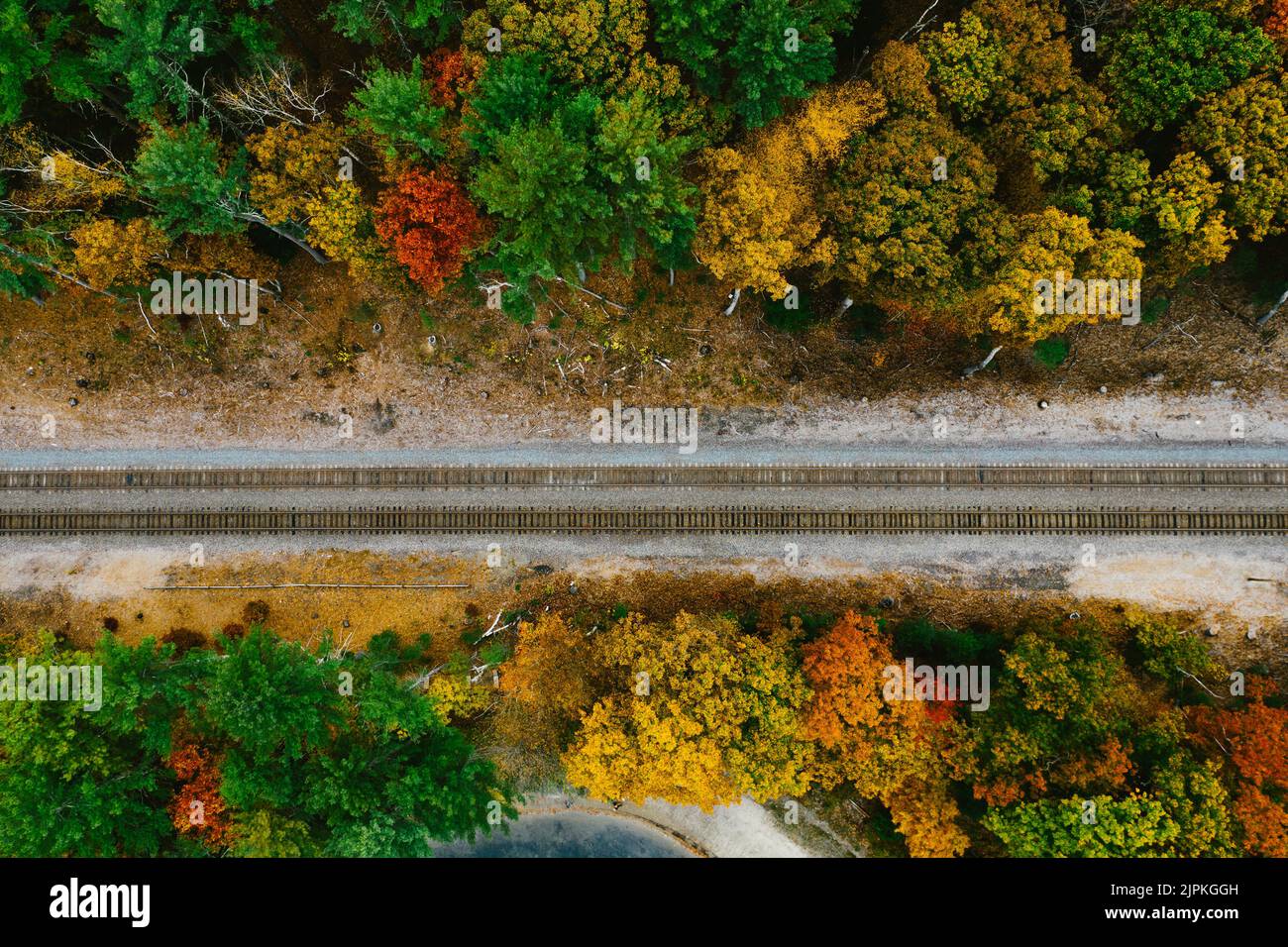 Drone shot of railroad tracks from above through forest in fall Stock ...
