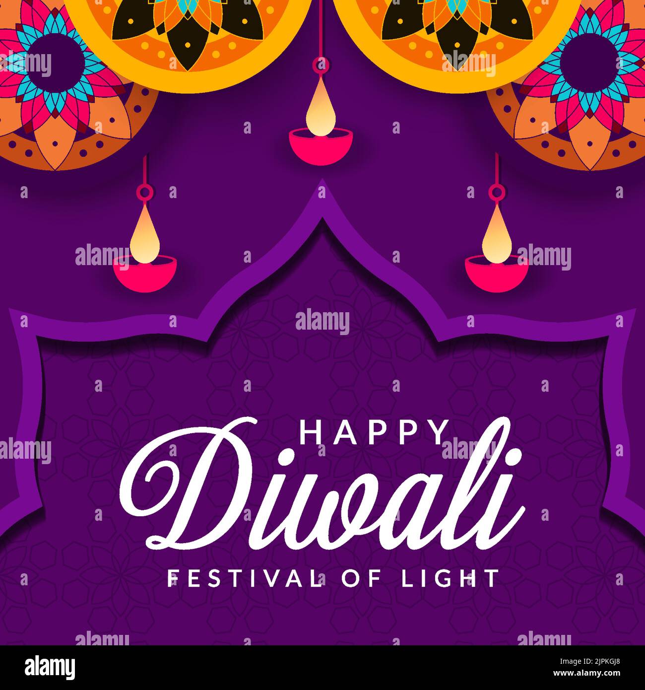 happy diwali in purple background with diya decoration and rangoli art ...