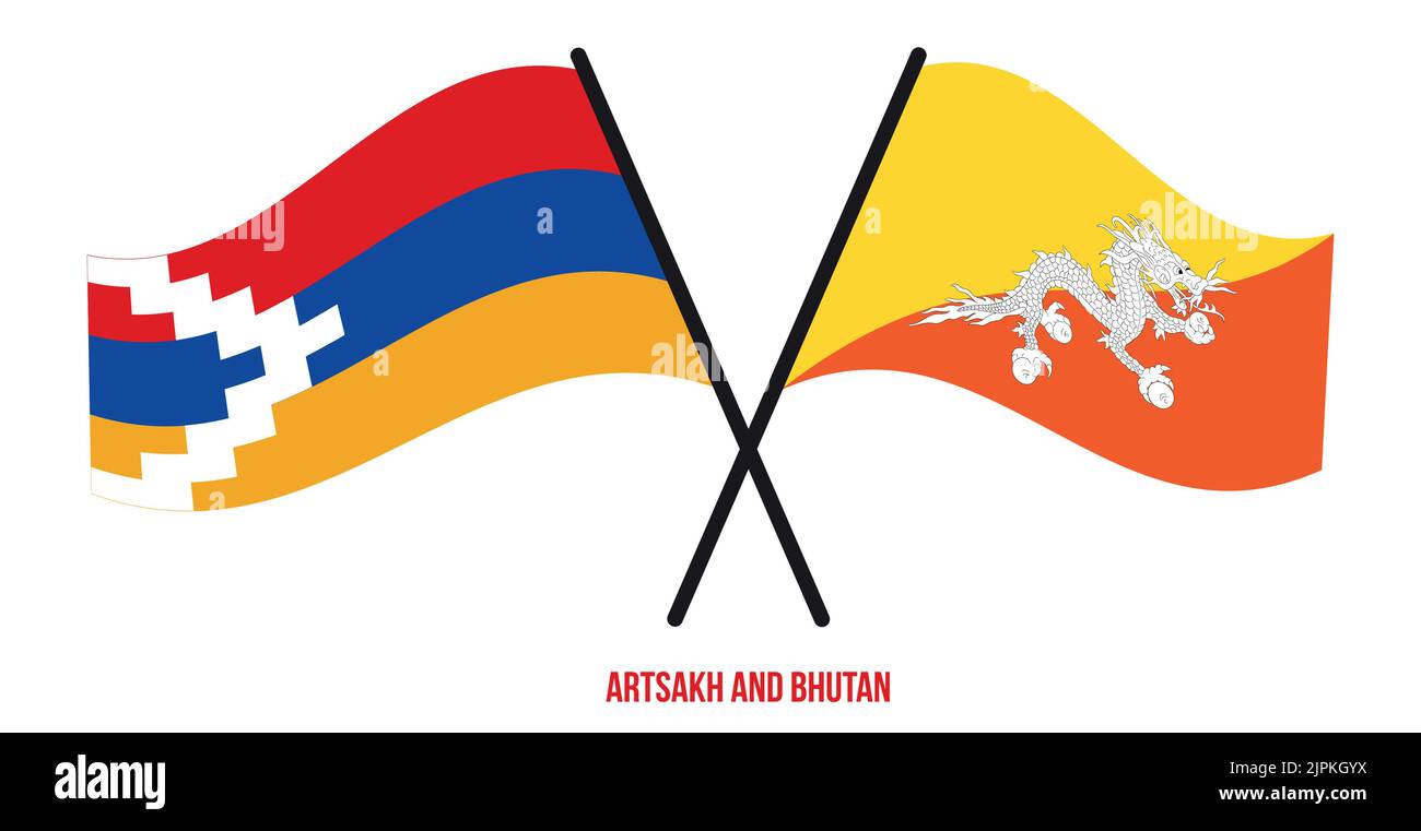 Artsakh and Bhutan Flags Crossed And Waving Flat Style. Official ...