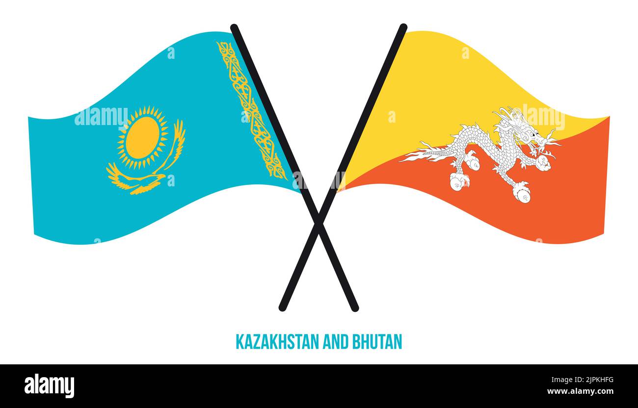 Kazakhstan and Bhutan Flags Crossed And Waving Flat Style. Official ...