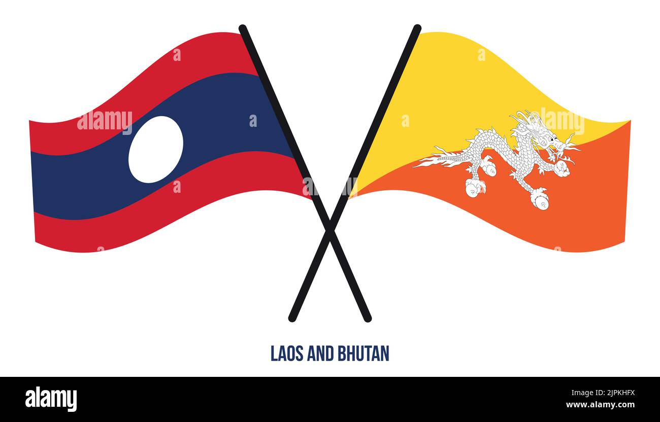 Laos and Bhutan Flags Crossed And Waving Flat Style. Official ...