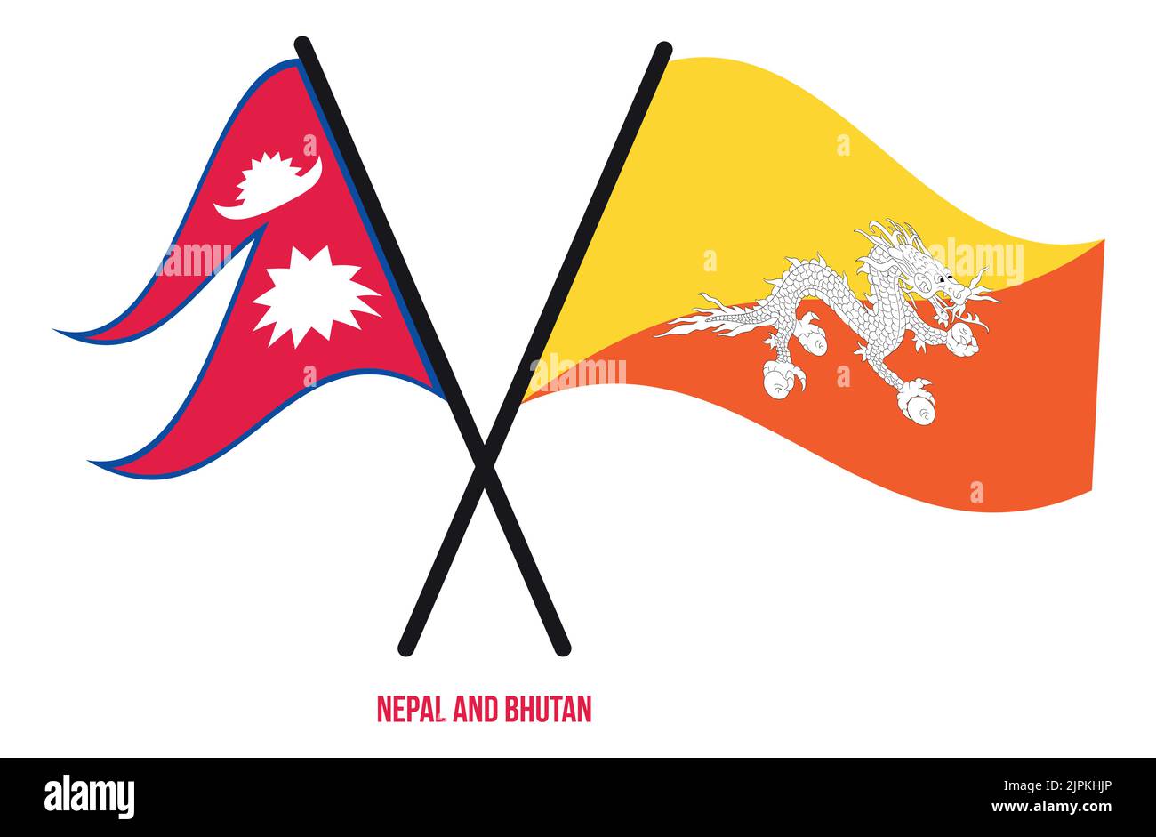 Nepal and Bhutan Flags Crossed And Waving Flat Style. Official ...