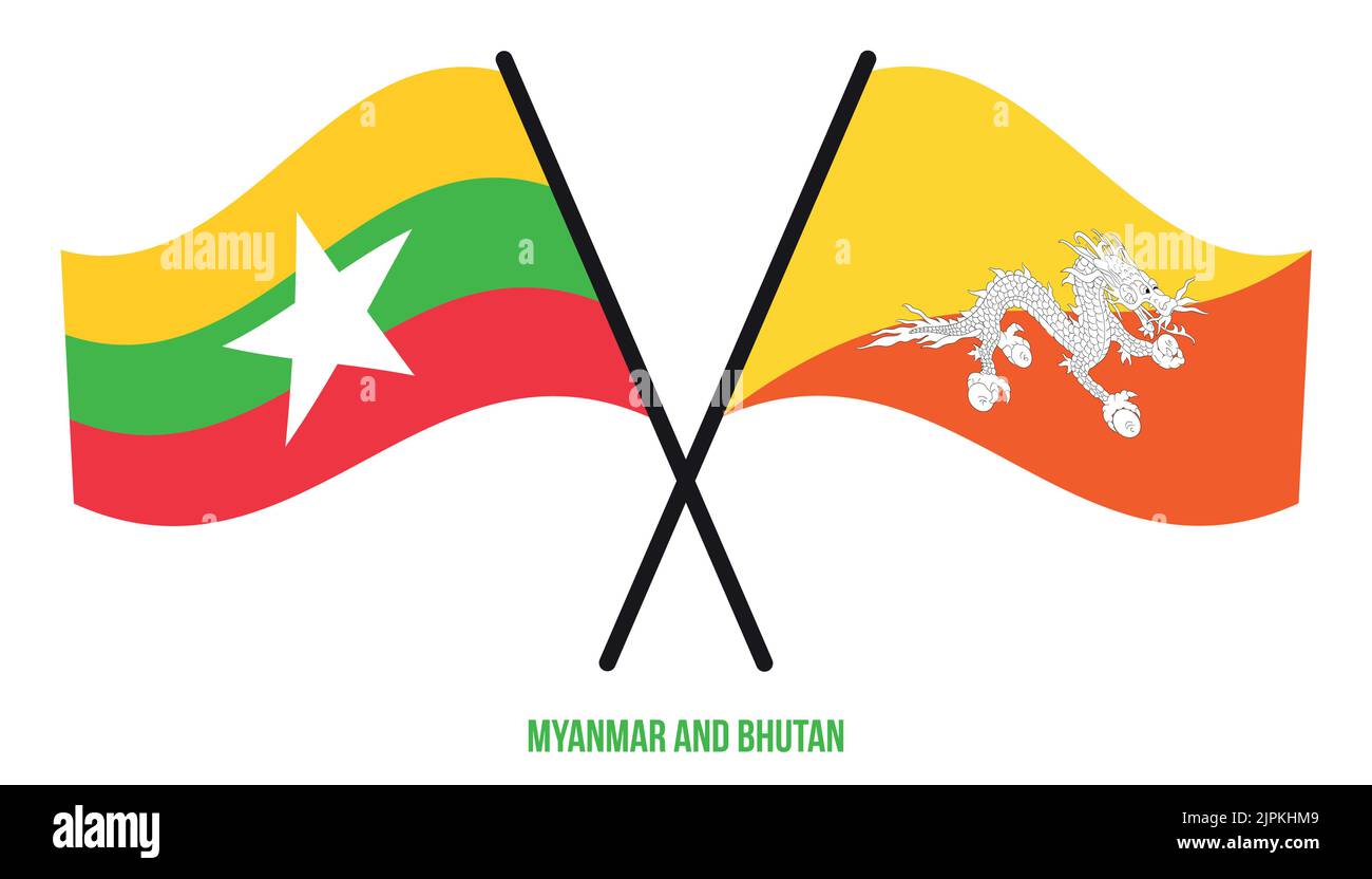 Myanmar and Bhutan Flags Crossed And Waving Flat Style. Official ...