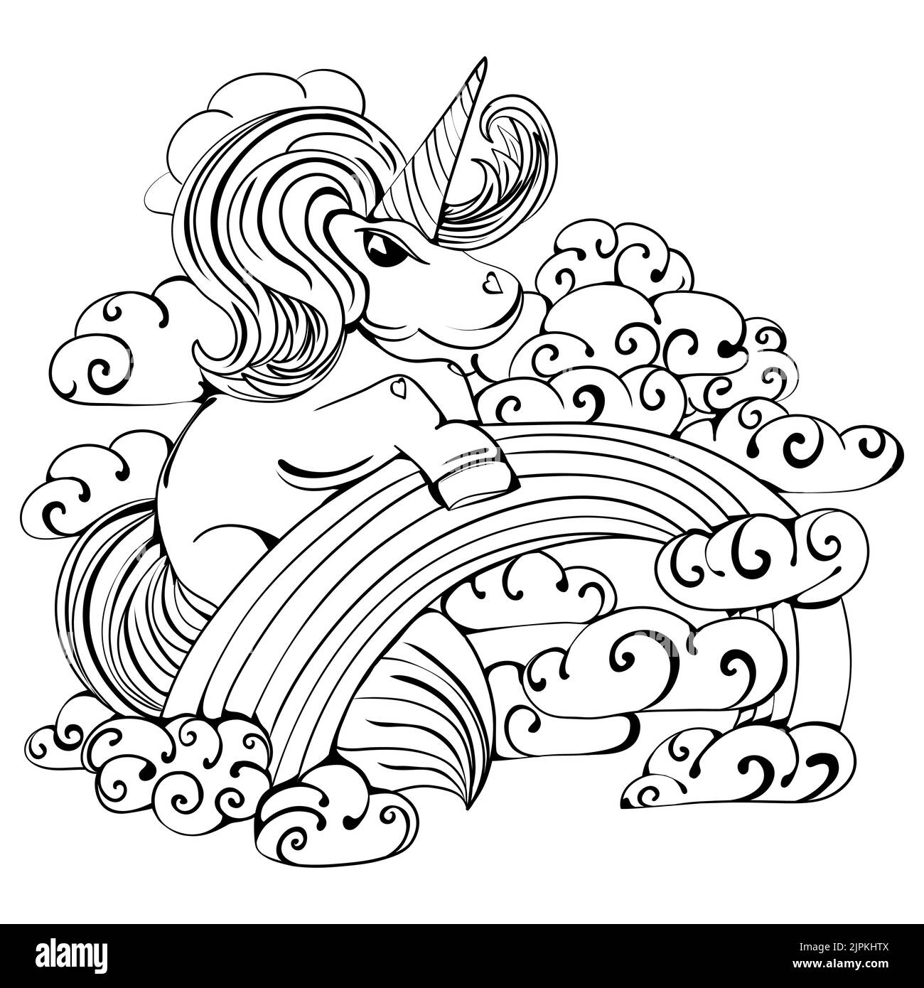 Unicorn in the clouds on the rainbow. Fun mood. Fairy tale illustration ...