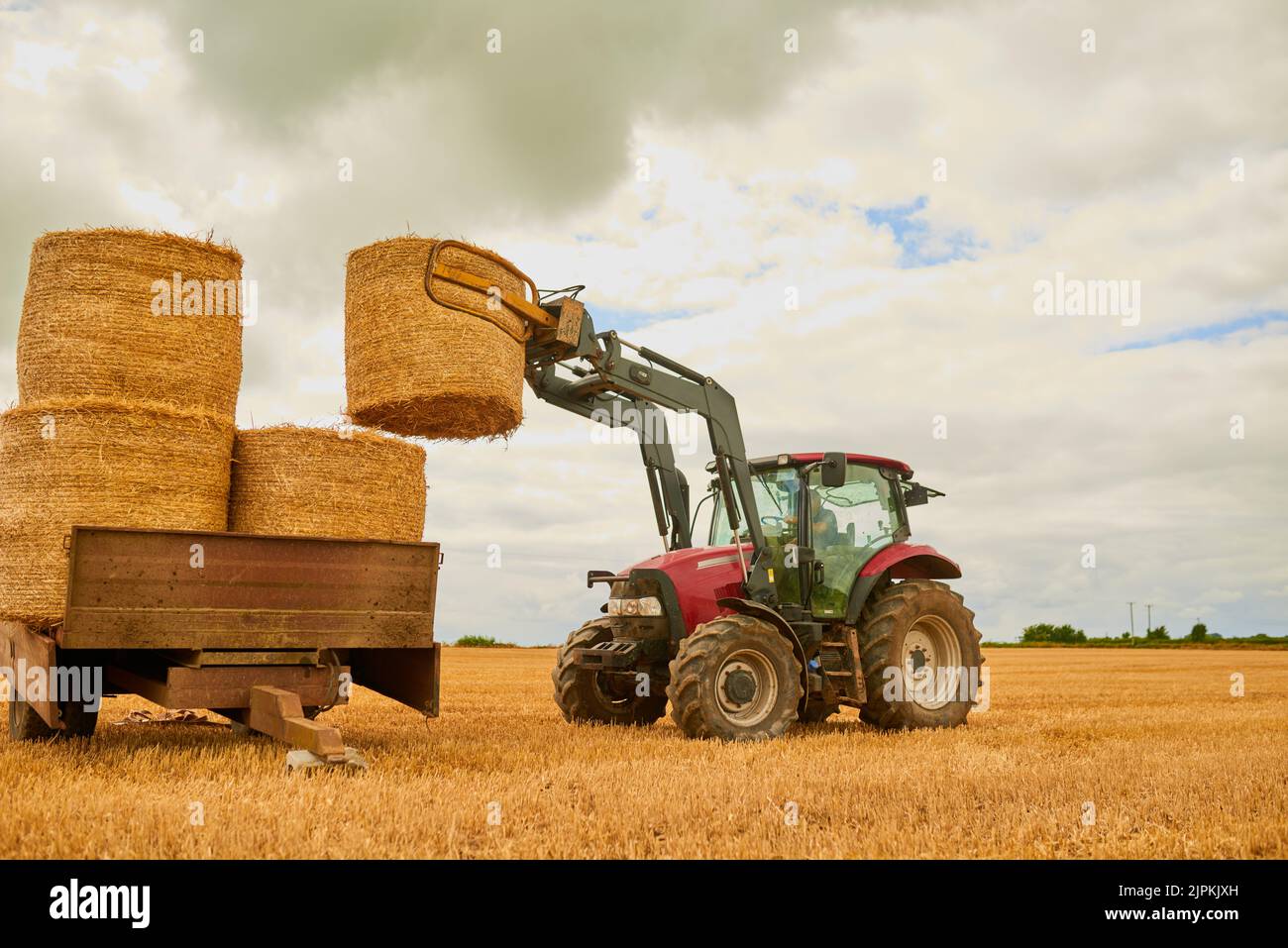 Stack em up. a farmer stacking hale bales with a tractor on his farm ...