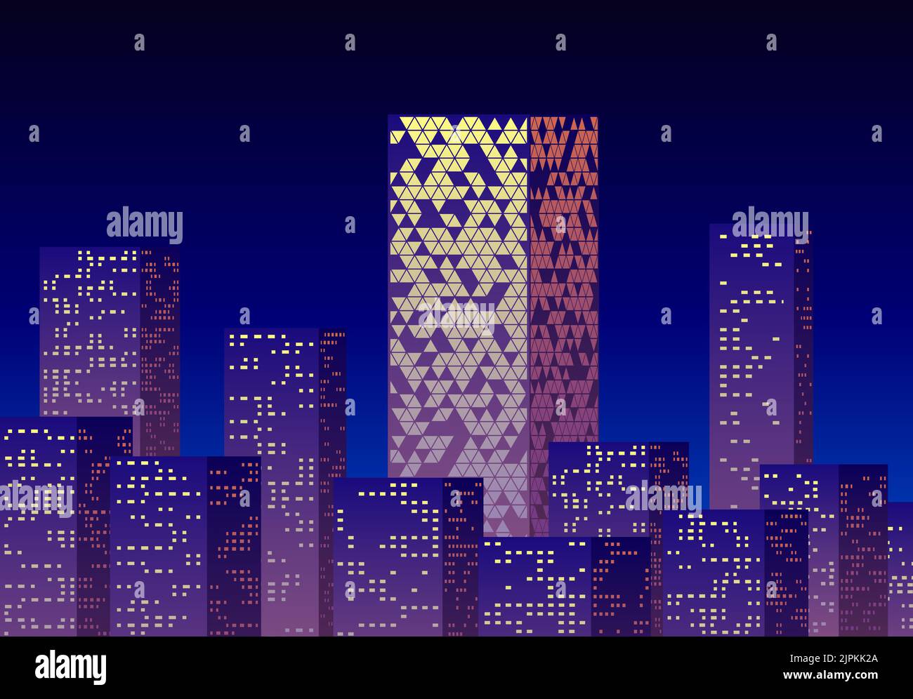 Neon night in the business city with skyscrapers. Purple highrise ...