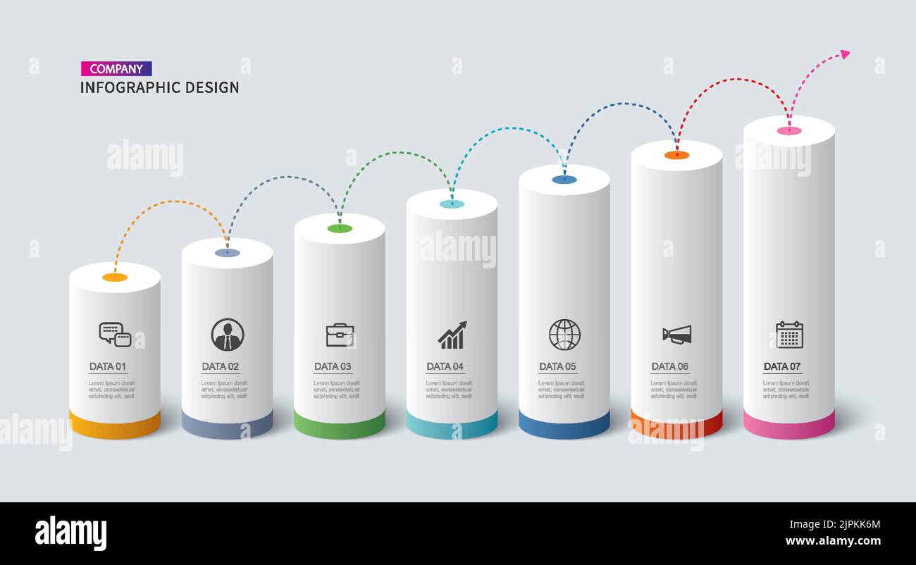 Infographics cylinder timeline with 7 number data template. Vector ...