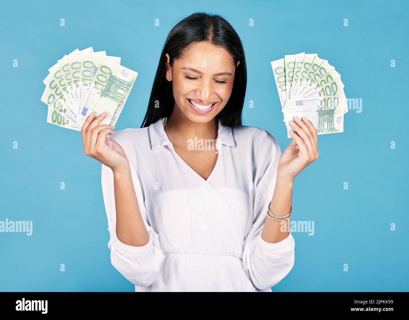 Money, winner and cash in hands of a woman cheering wealth and success ...