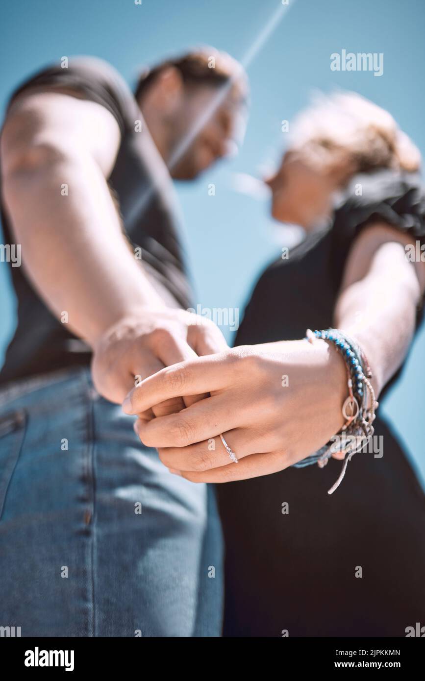 Engaged couple celebrating romantic marriage proposal with engagement ...