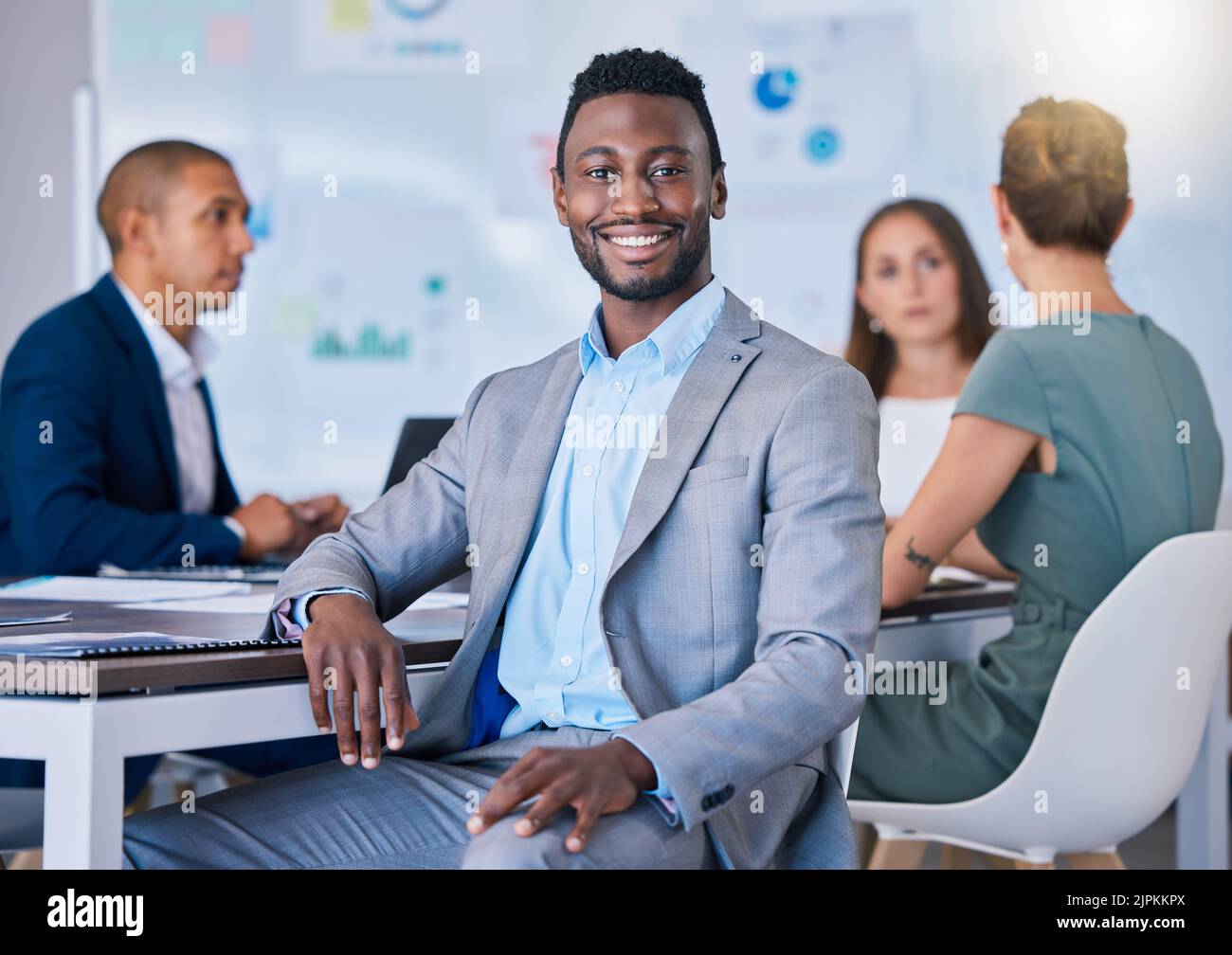 Leadership, innovation and vision of a smiling business man leading a ...