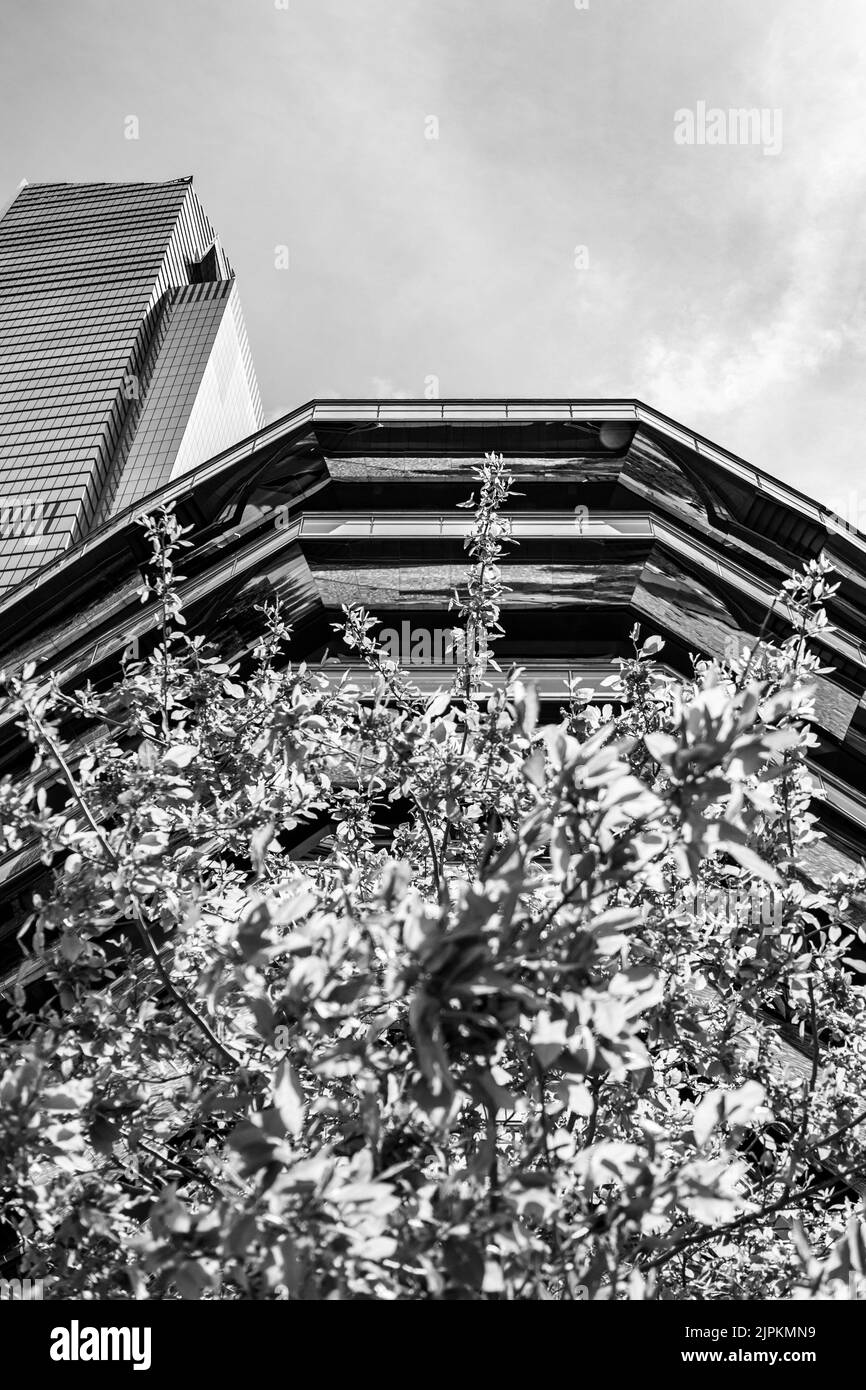 A grayscale low-angle shot of the Vessel at Hudson Yards in New York ...