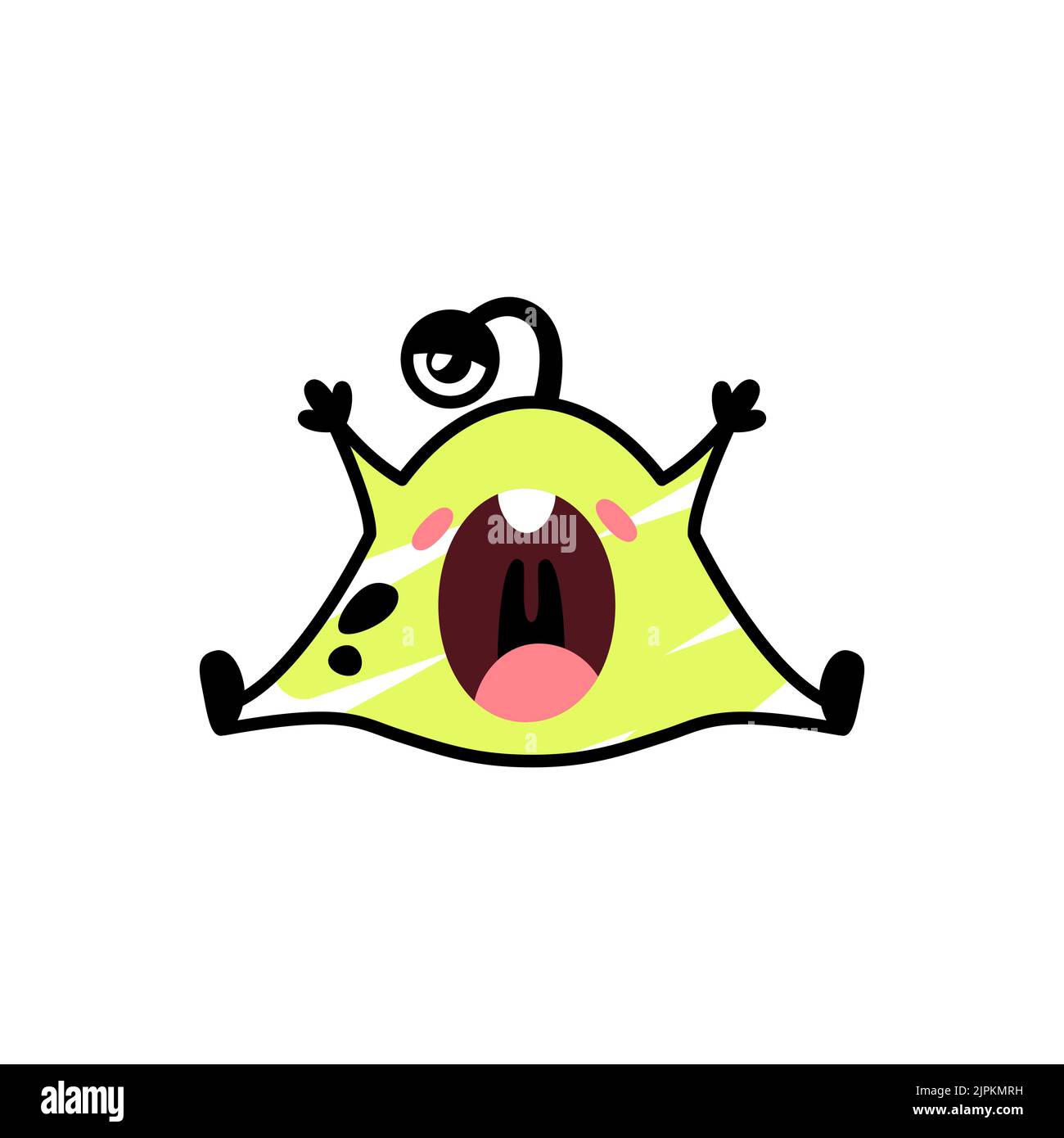 Funny cartoon yellow monster yawns tiredly. A fictional character for ...