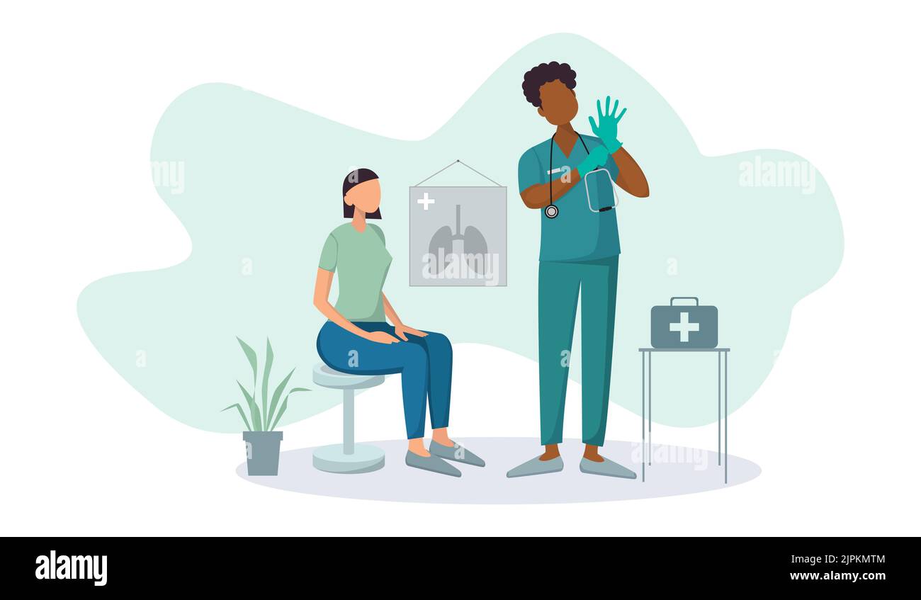 the doctor puts on gloves with the patient next to the wall a poster ...