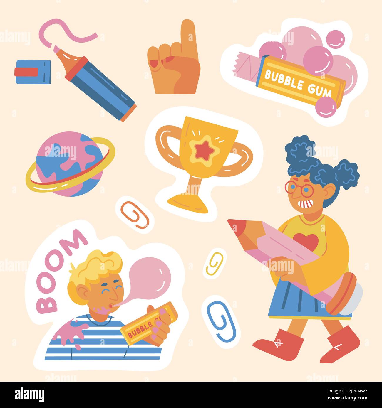 school themed sticker set girl with pencil marker chewing gum planet ...