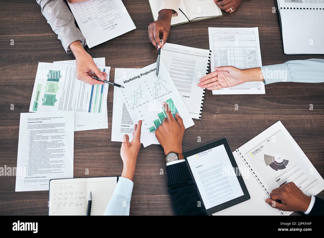 Business teamwork hands in a sales, marketing and forecasting ...