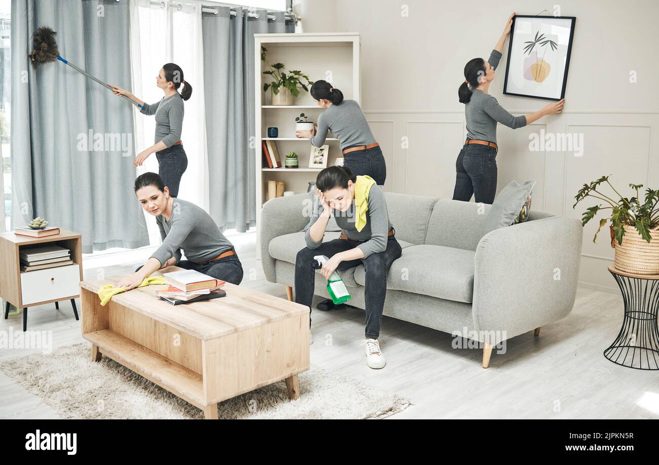 Woman multitasking, busy and cleaning the living room and doing all the ...