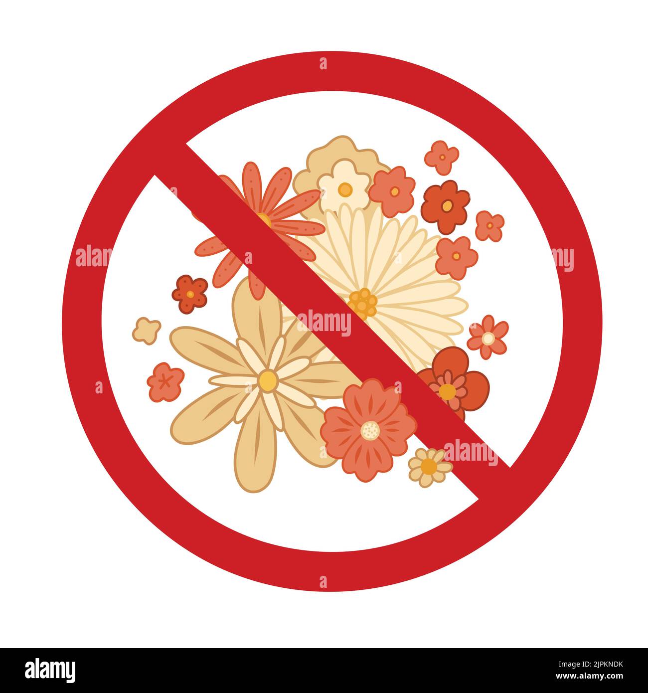 Groovy flowers in the prohibition sign. Vector forbidden sticker. Ban ...