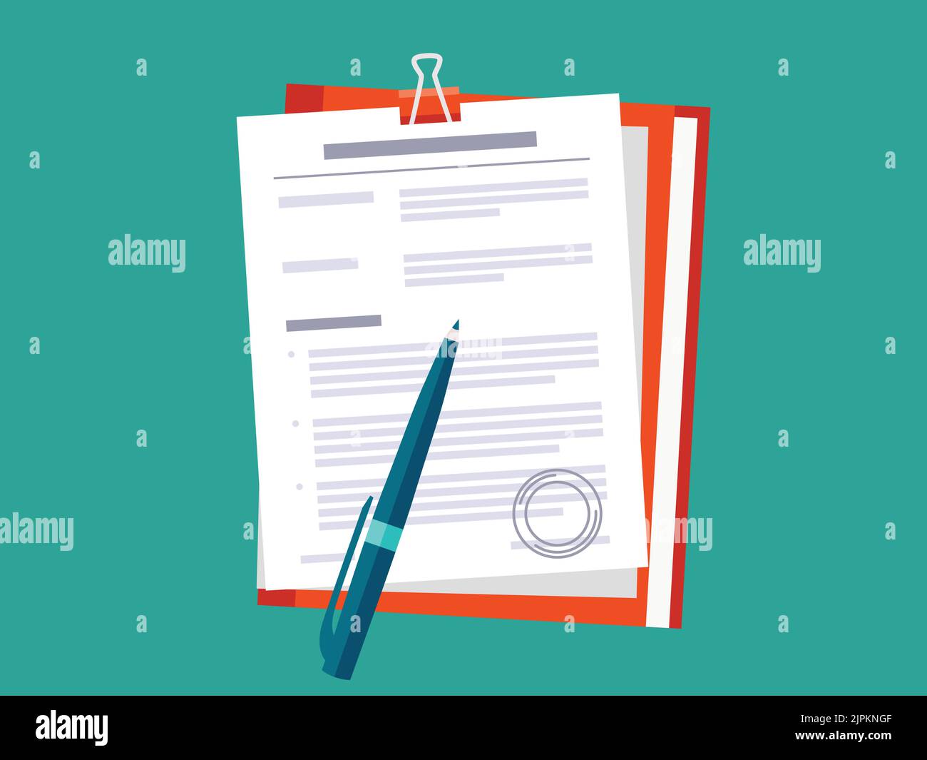 Contract papers. Document with approval stamp. Folder with pen ...
