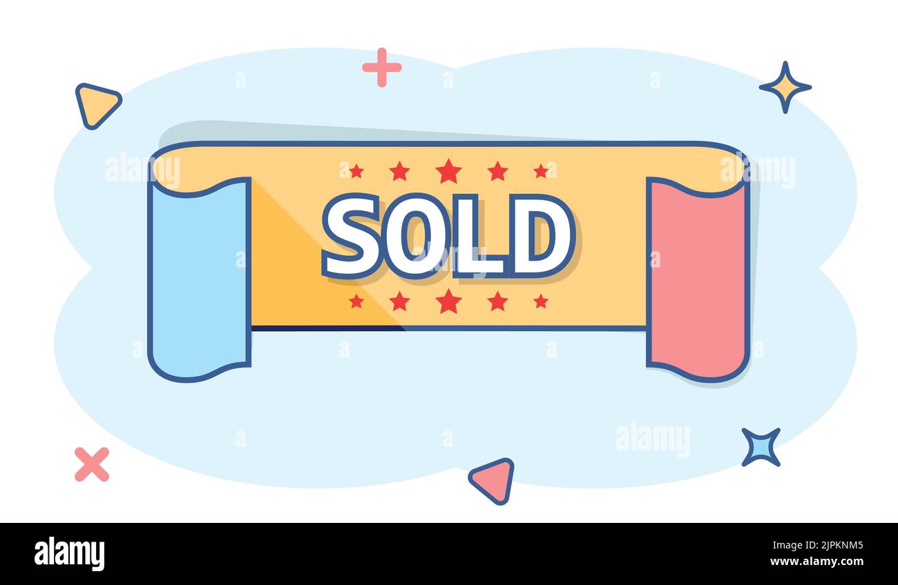 Vector cartoon sold ribbon icon in comic style. Discount, sale sticker ...