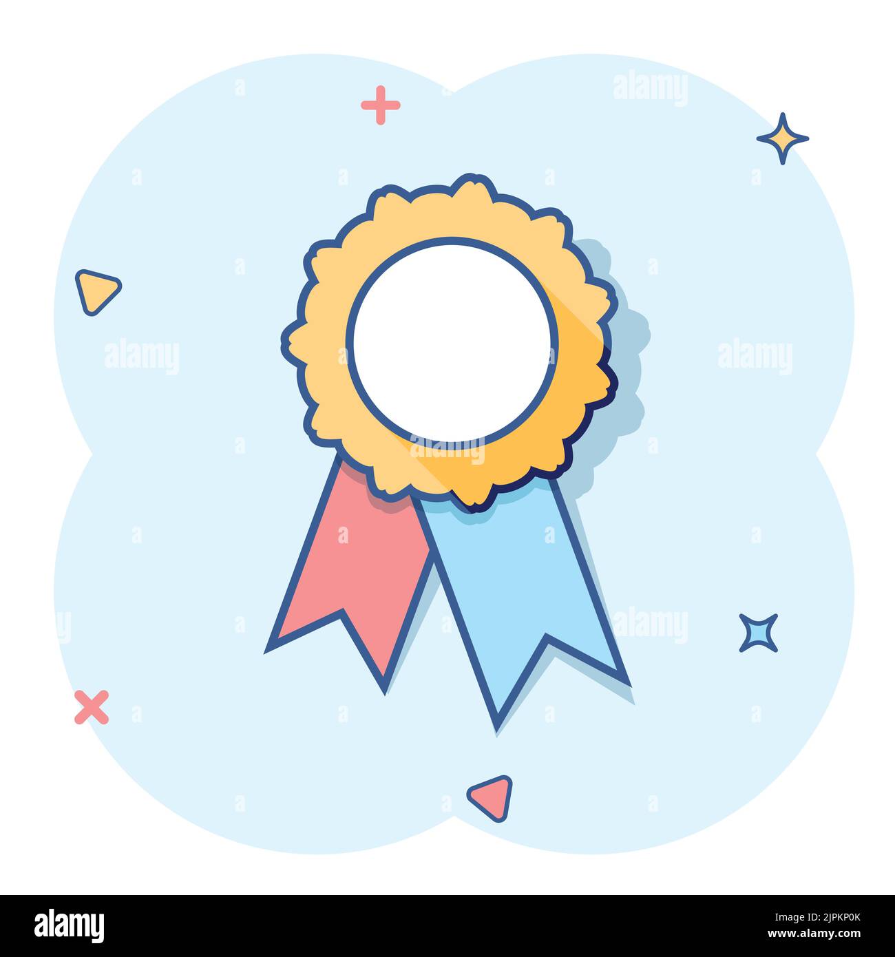 Vector cartoon badge with ribbon icon in comic style. Award medal sign ...