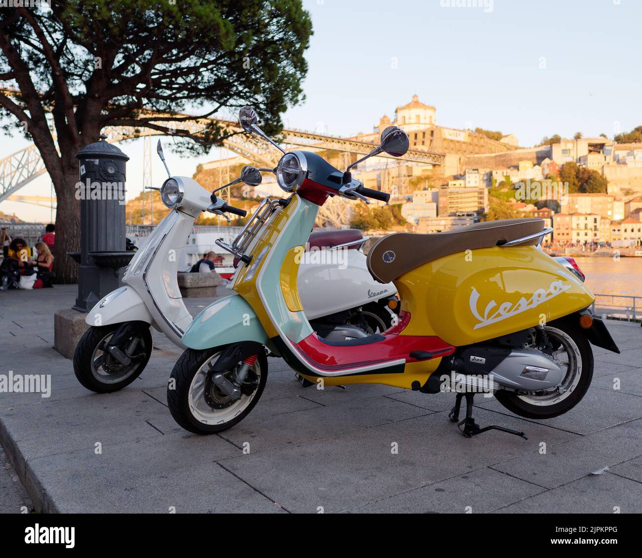 Colourful Vespas parked in the Ribeira aka riverside district in Porto ...