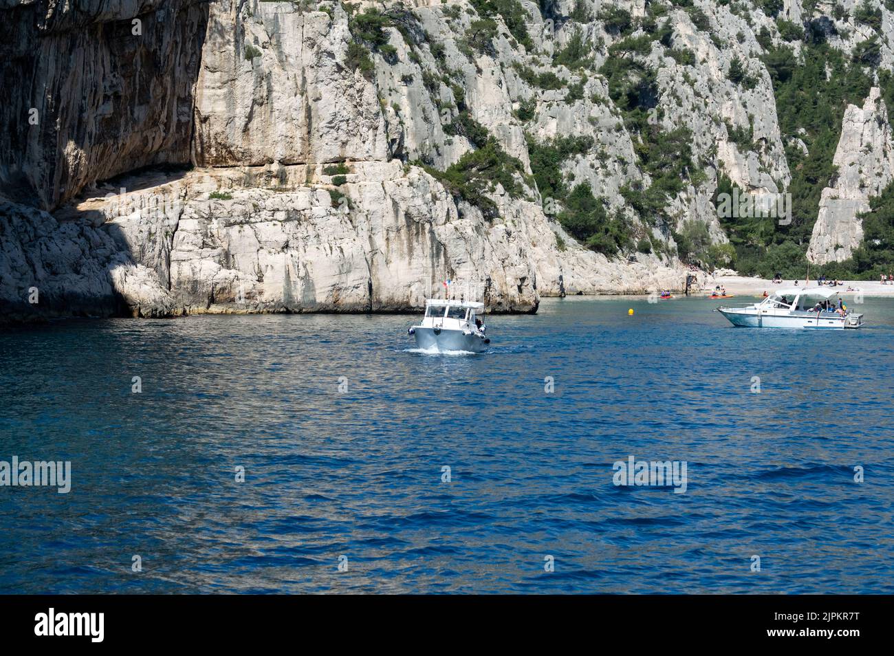 View on Calanque d'En-vau with white sandy beach near Cassis, boat ...