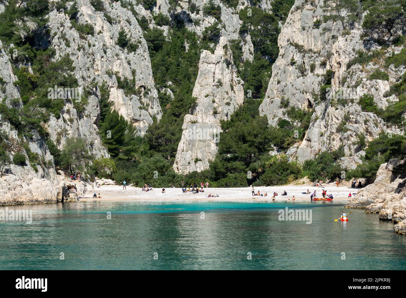 View on Calanque d'En-vau with white sandy beach near Cassis, boat ...