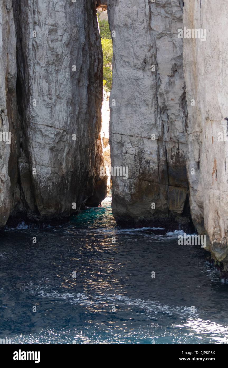 Limestone cliffs and blue sea near Cassis, boat excursion to Calanques ...