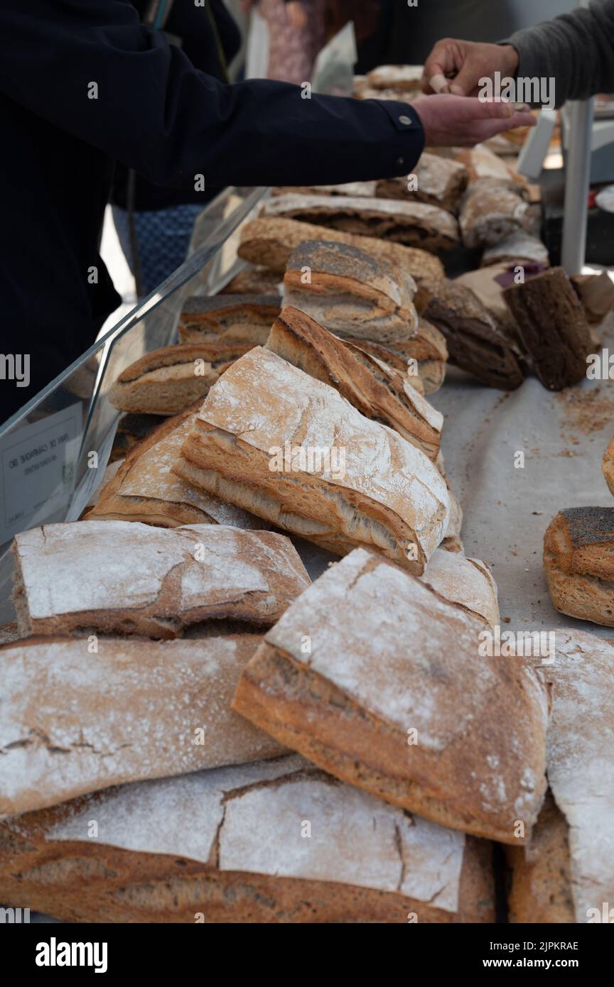 Sour dough bio bread made with natural yeast starter and baked in wood ...