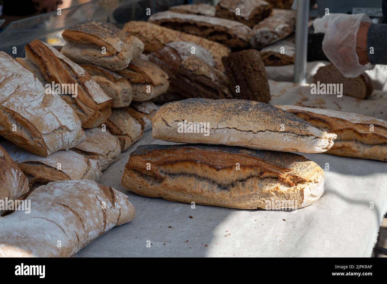 Sour dough bio bread made with natural yeast starter and baked in wood ...