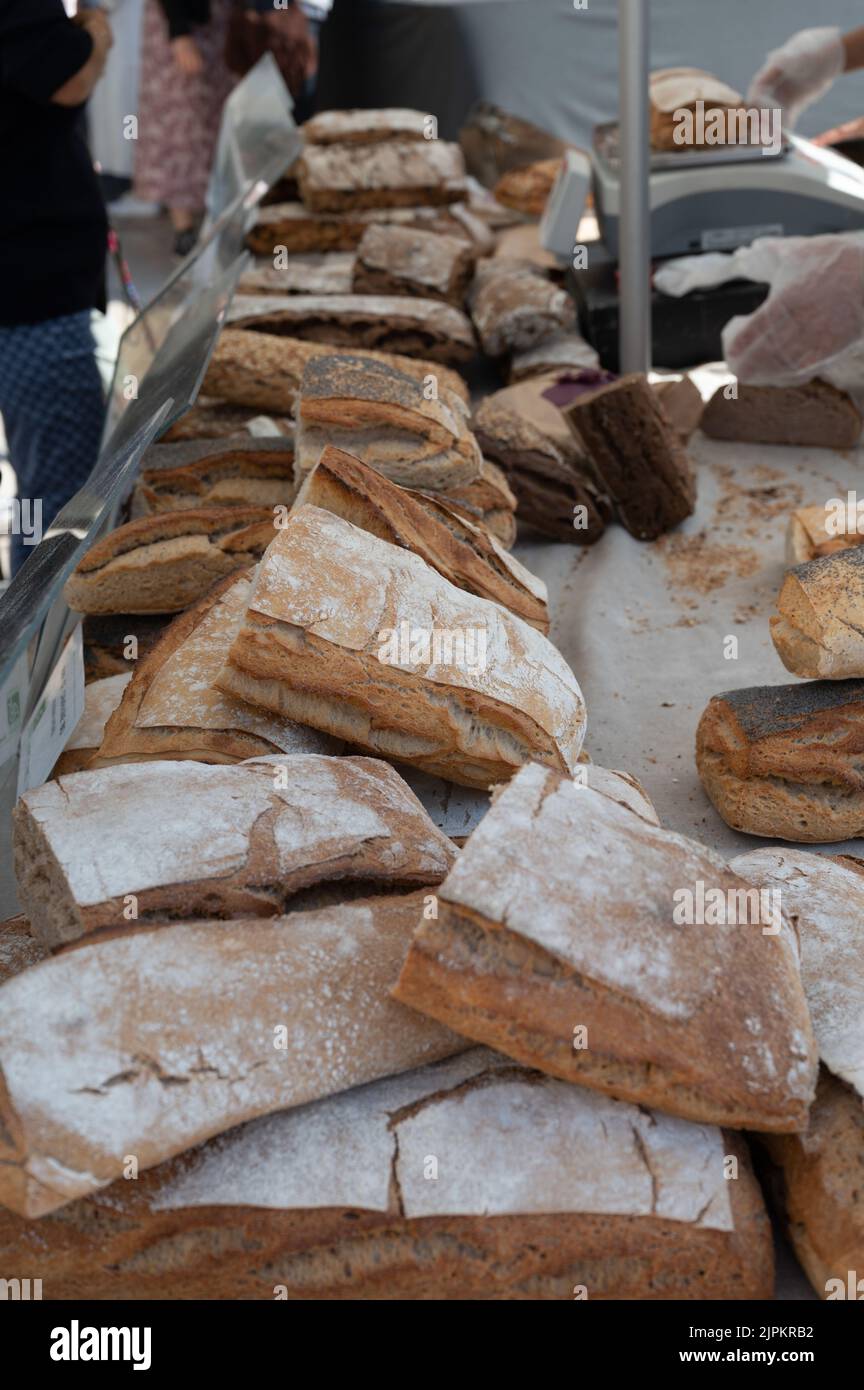 Sour dough bio bread made with natural yeast starter and baked in wood ...