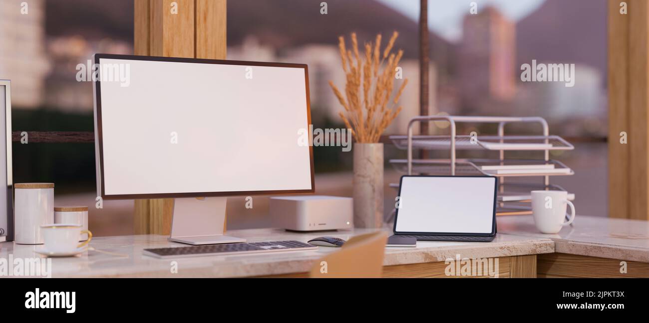 Modern stylish home working space or office desk interior design with ...