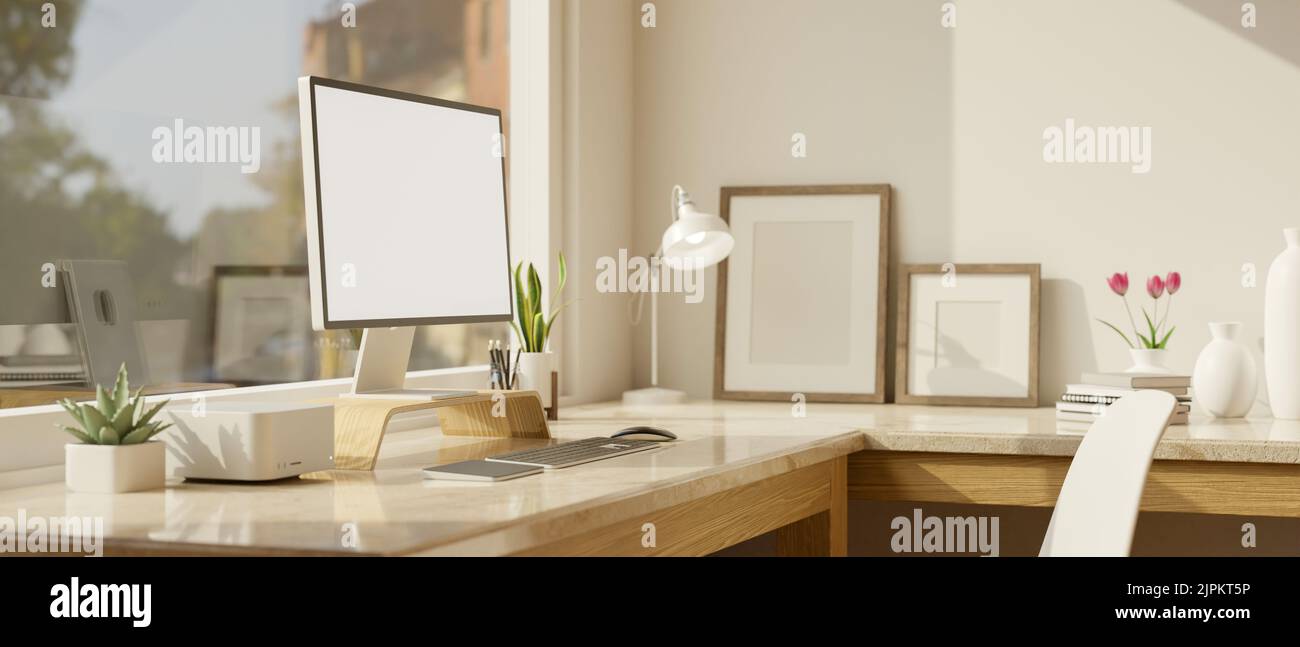 Cozy minimal home working space interior design with modern computer ...