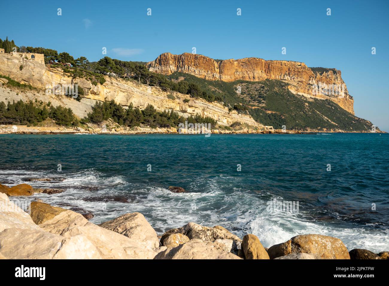 View from beach of Provencal Cassis, boat excursion to Calanques ...