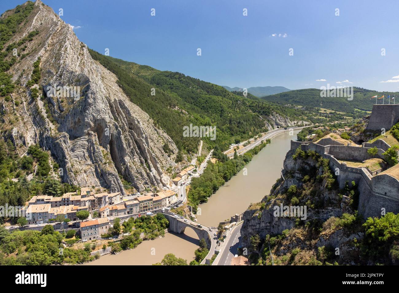 View on historical city Sisteron with river Durance, gates to Provence ...
