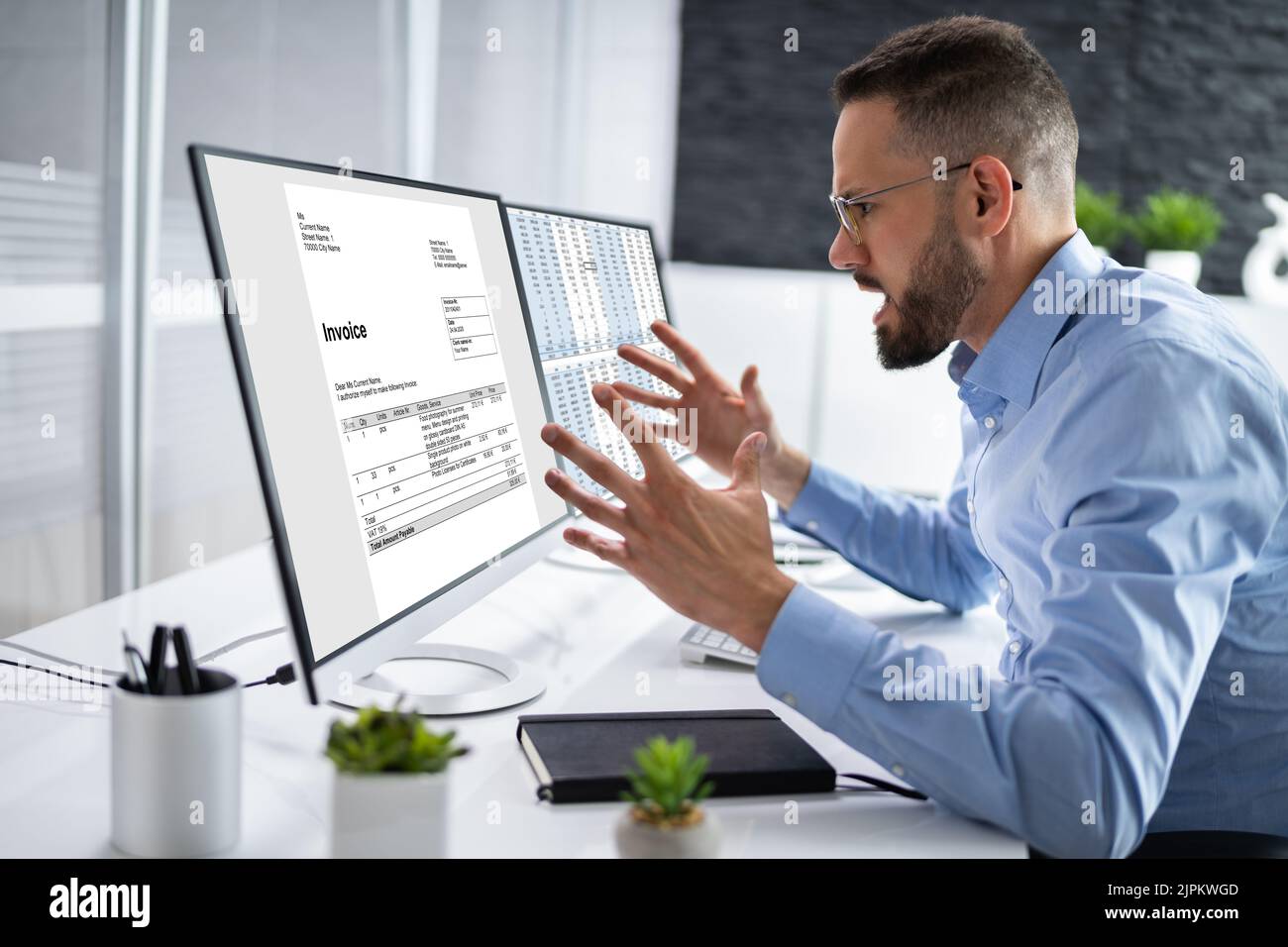 Angry Tax Accountant Reading Electronic Invoice. Bills And Debt Stress ...