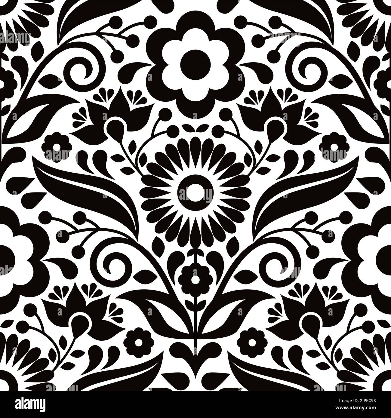 Mexican folk art seamless vector pattern with flowers and leaves ...