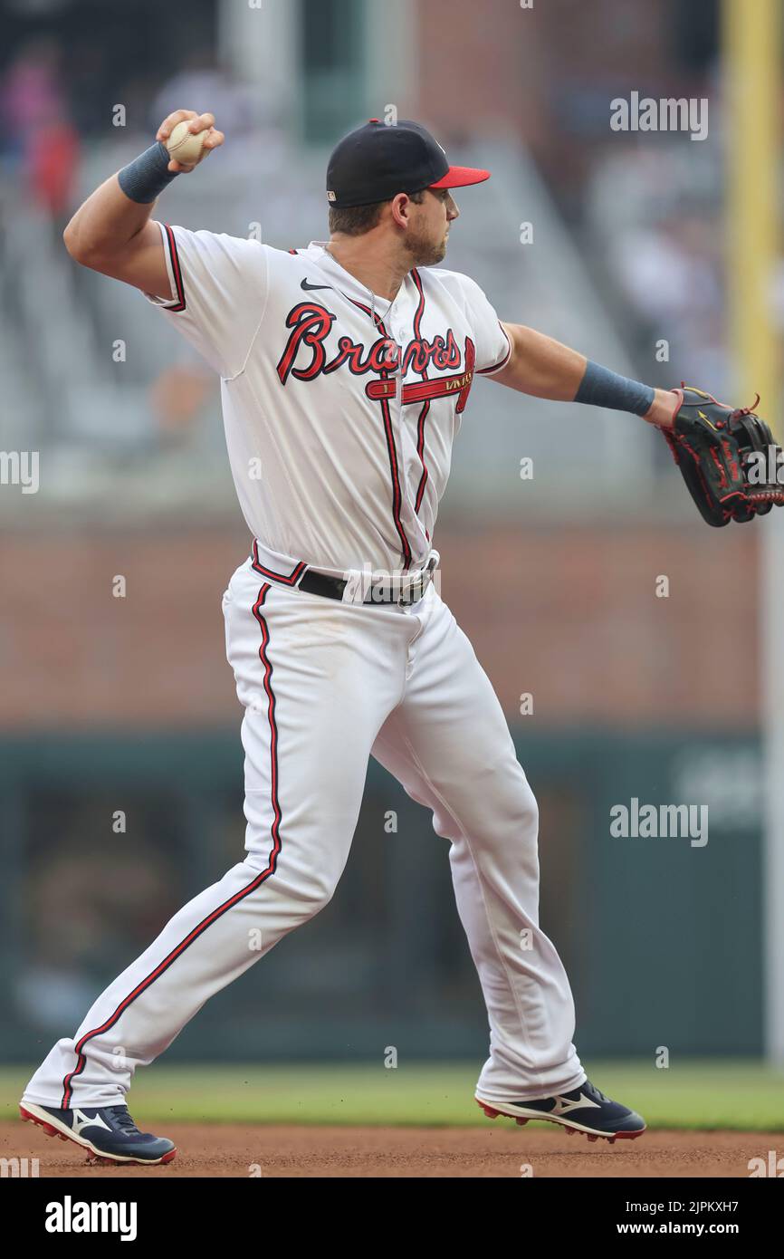 Atlanta, GA. USA; Atlanta Braves third baseman Austin Riley (27)throws ...