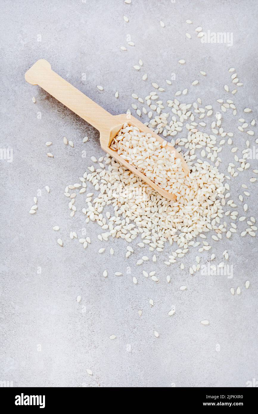 Plain sesame seeds with wooden scoop on mottled grey with copy space ...