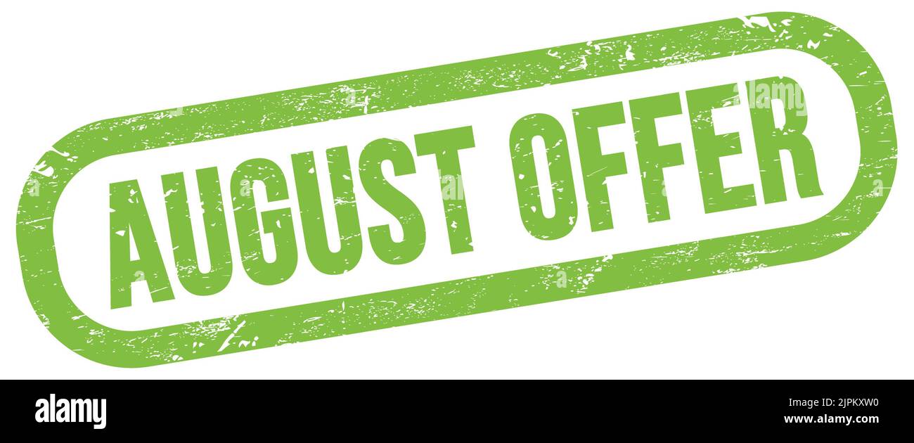 AUGUST OFFER, text on green rectangle stamp sign Stock Photo - Alamy