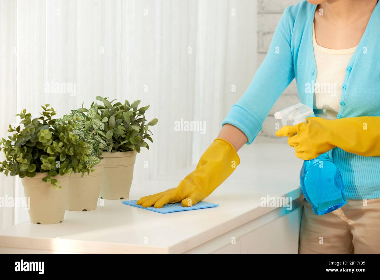 Cropped image of woman wiping off dust from the window sill Stock Photo ...