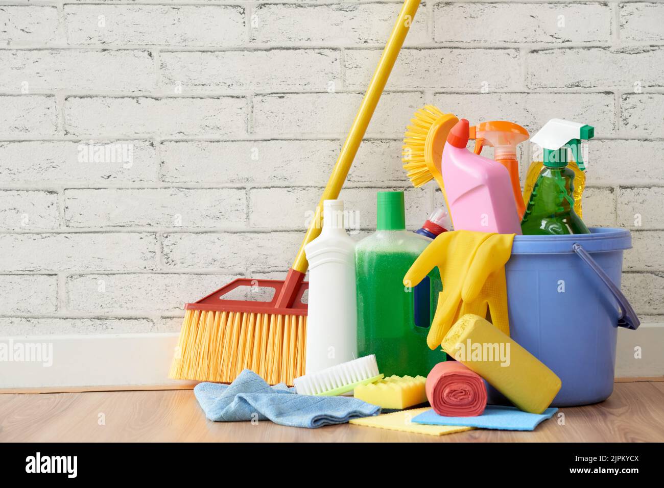 Brushes, cloths and detergents for spring cleaning Stock Photo - Alamy